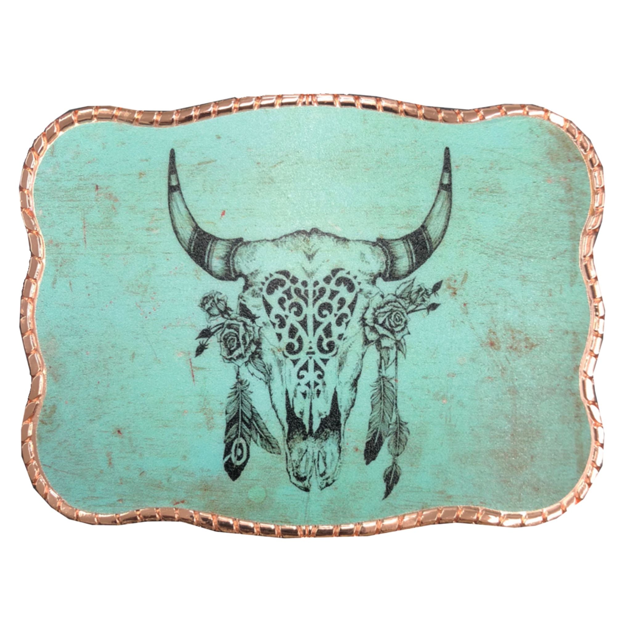Turquoise Cow Skull with Feathers - Wallet Buckle